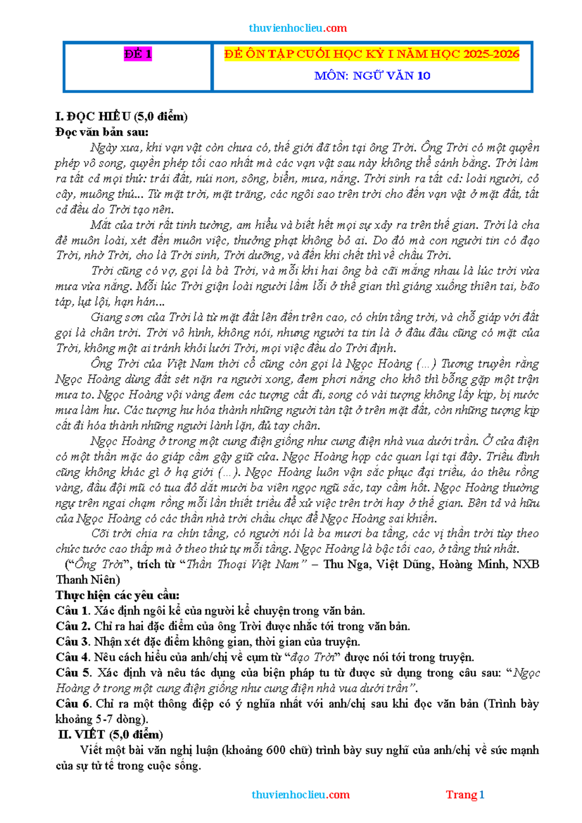 ĐỀ ÔN TẬP CUỐI HỌC KỲ I NĂM HỌC MÔN: NGỮ VĂN 10 - Studocu