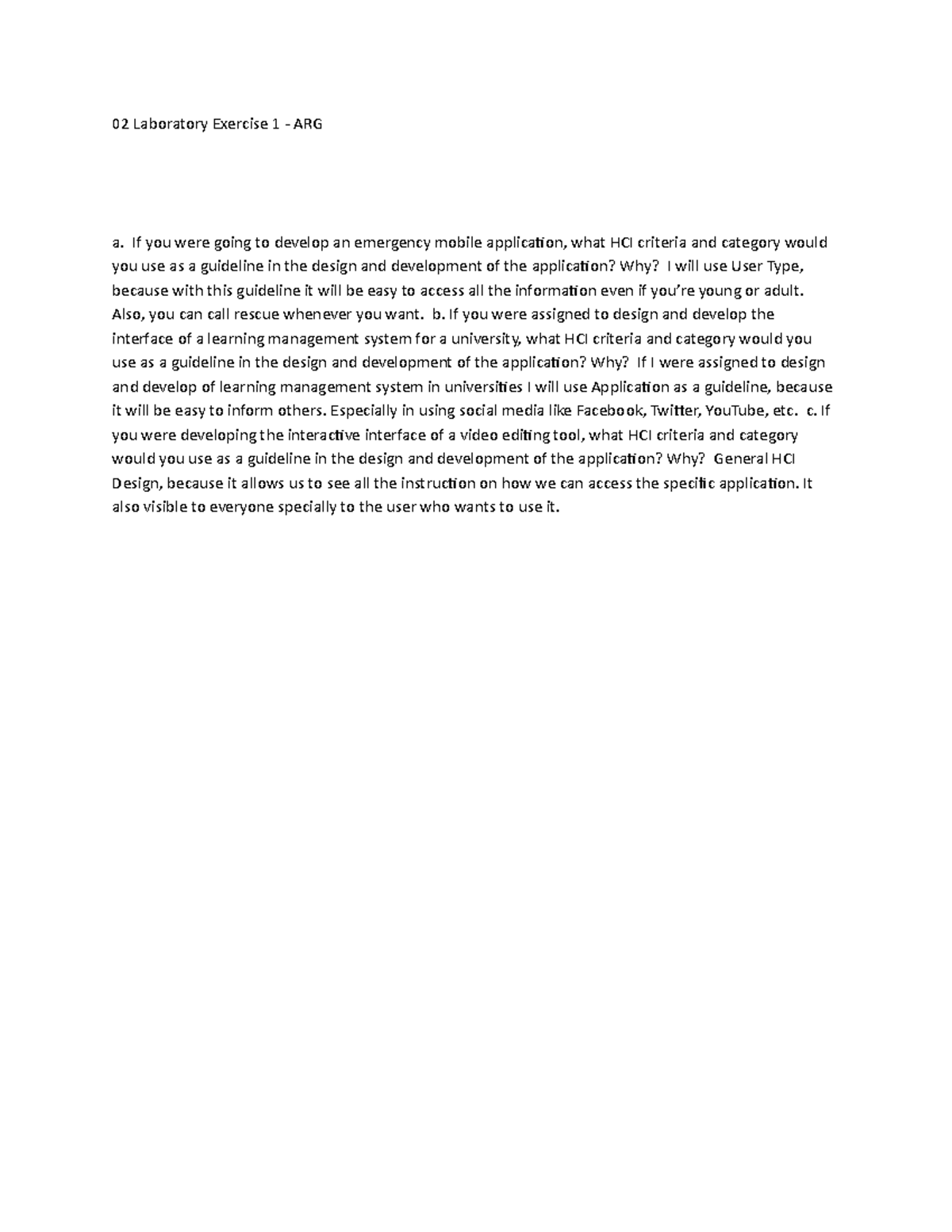 02 Laboratory Exercise 1 - 02 Laboratory Exercise 1 - ARG a. If you ...