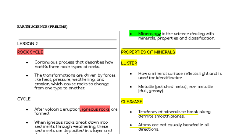 EARTH SCIENCE (PRELIMS) Lesson 2: The Rock Cycle and Mineral Properties ...
