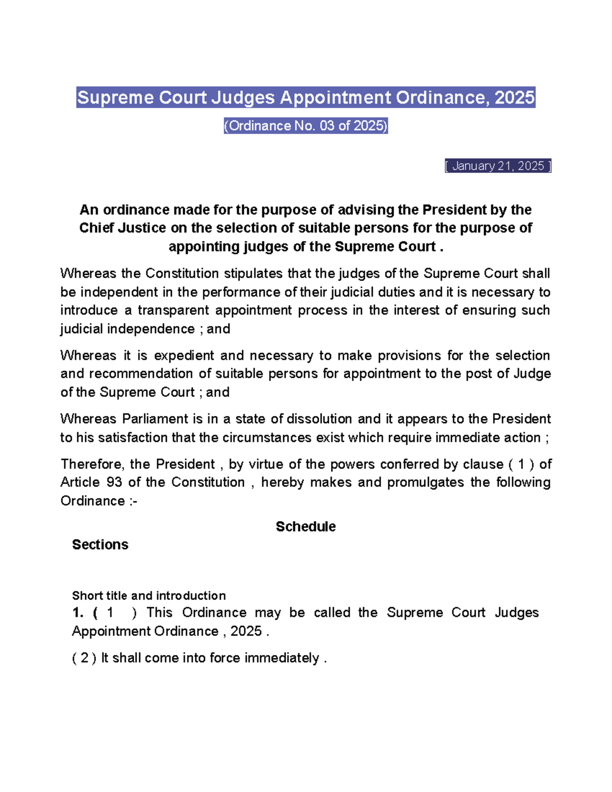 Supreme Court Judges Appointment Ordinance, 2025 (Preli-Bond Ed.) - Studocu