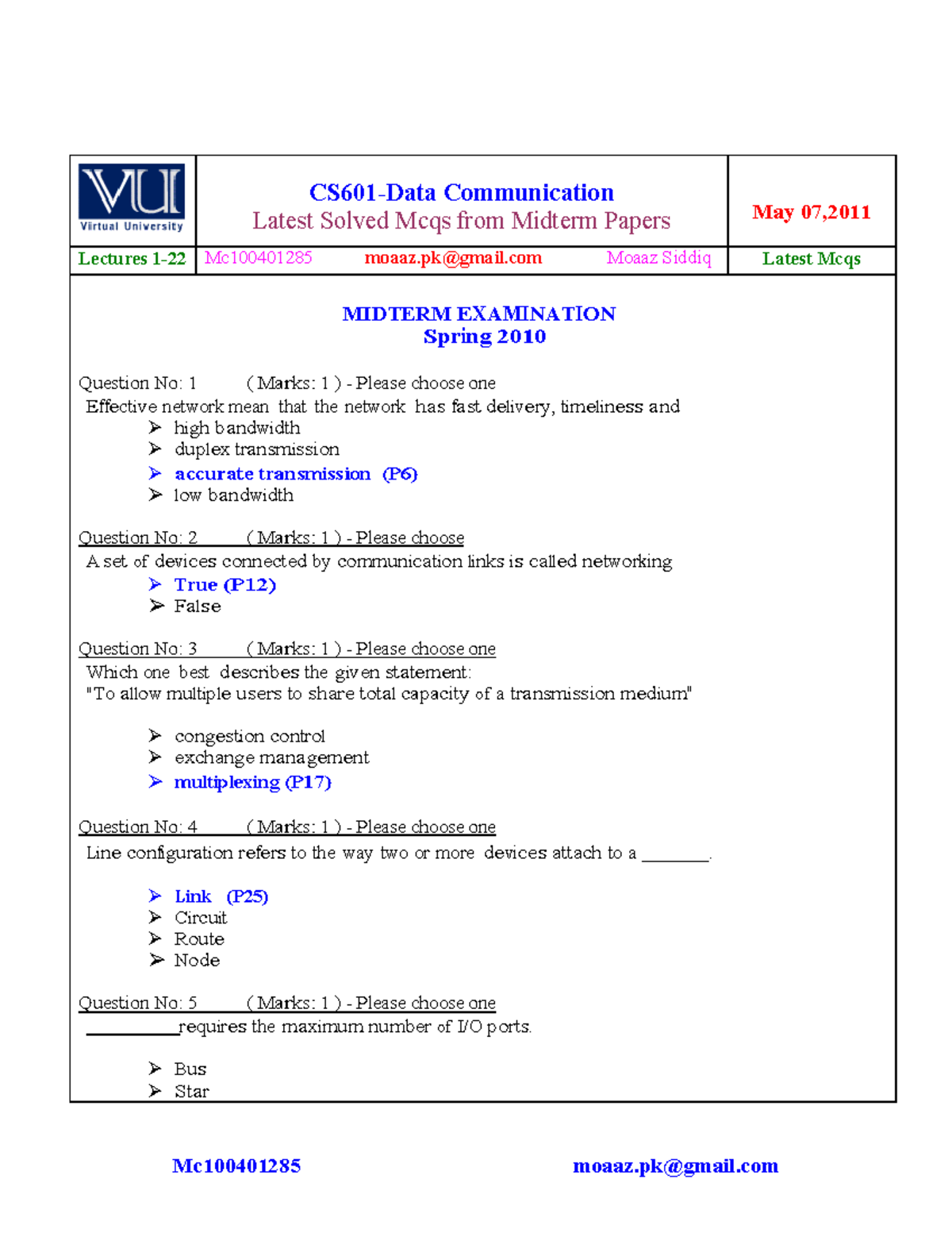 CS601 Midterm Solved MCQs with References by Moaaz (Spring 2010) - Studocu