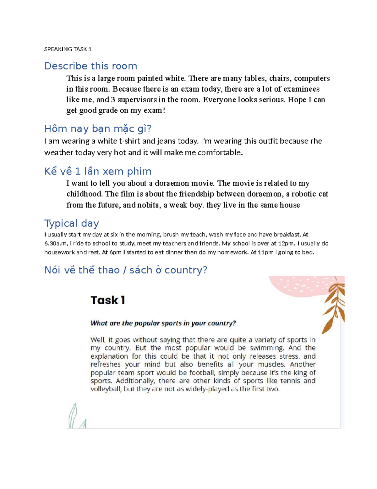 SPEAKING TASK 1: Describing My Room and Daily Life - Studocu