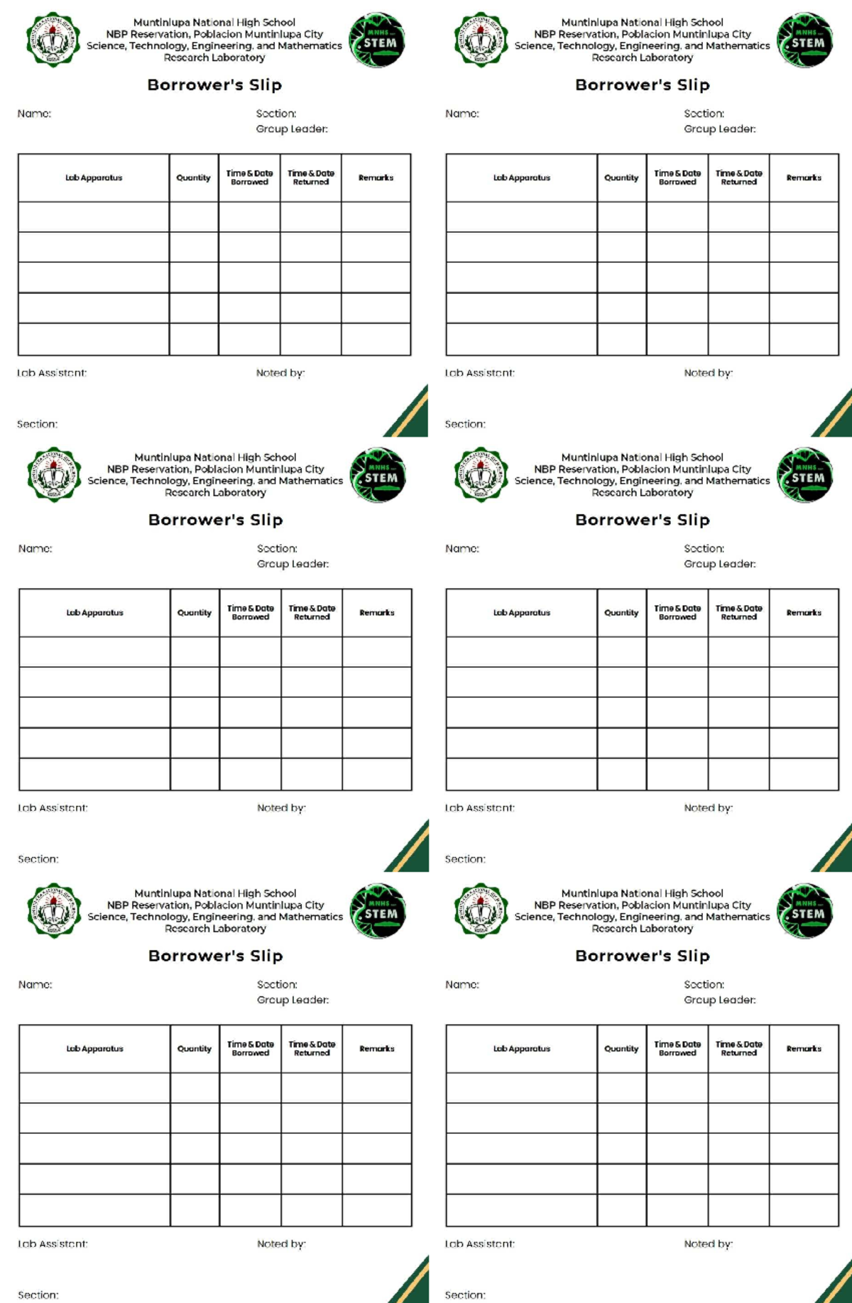 MNHS STEM Research Laboratory Borrowers Slip - Studocu