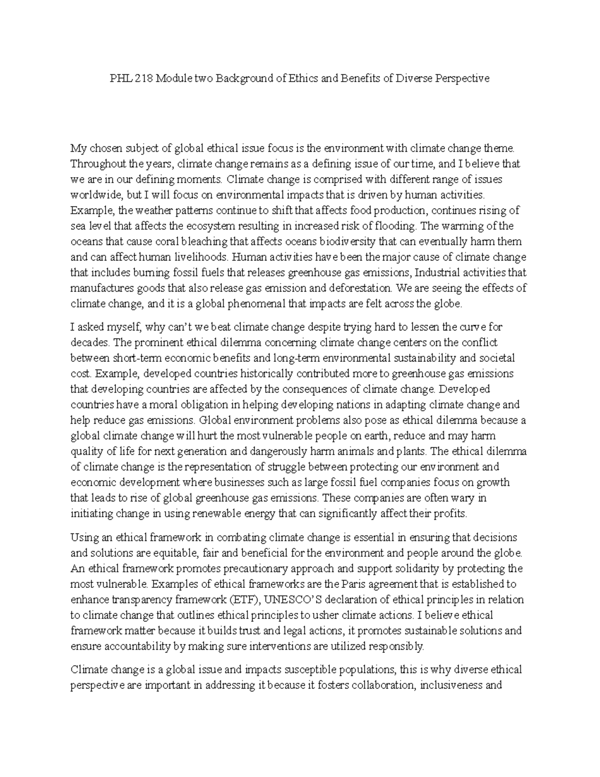 PHL 218 Module 2: Ethics of Climate Change and Diverse Perspectives ...