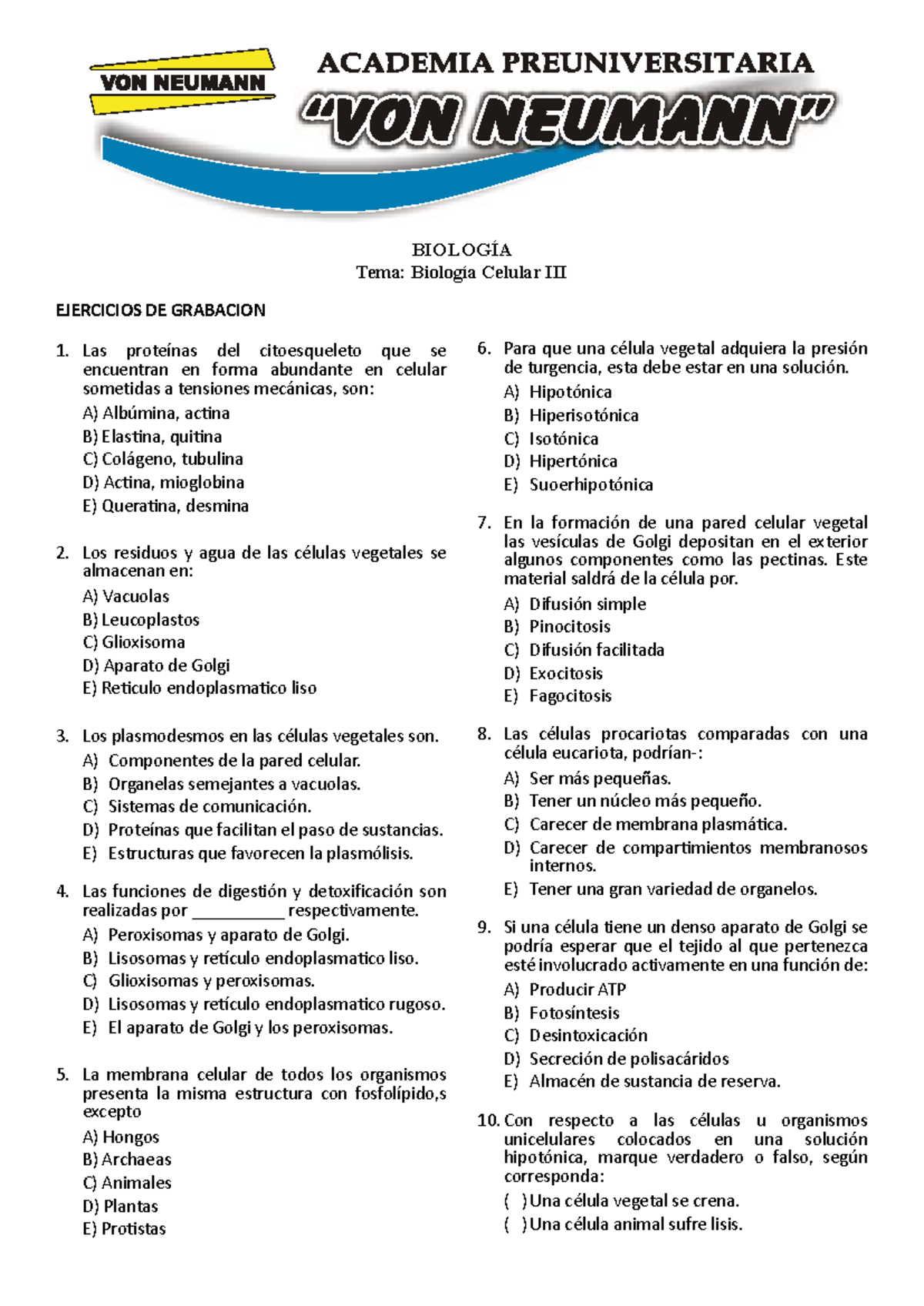 BIO 101: Ejercicios de Biología Celular y Citoesqueleto - Studocu