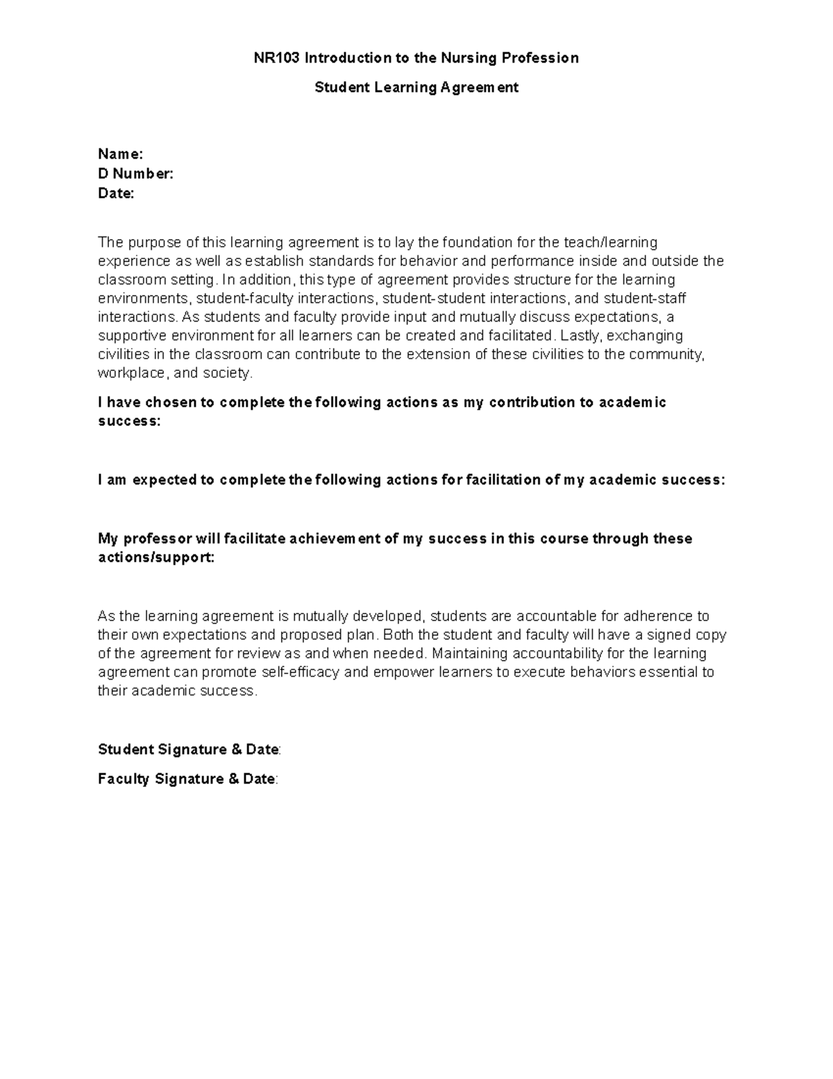 NR103 Student Learning Agreement for Nursing Success - Studocu