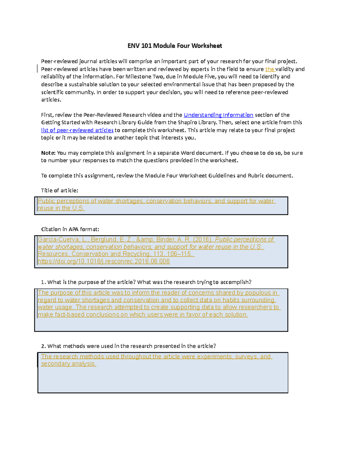 ENV 101 Module Four Worksheet: Analyzing Peer-Reviewed Articles - Studocu