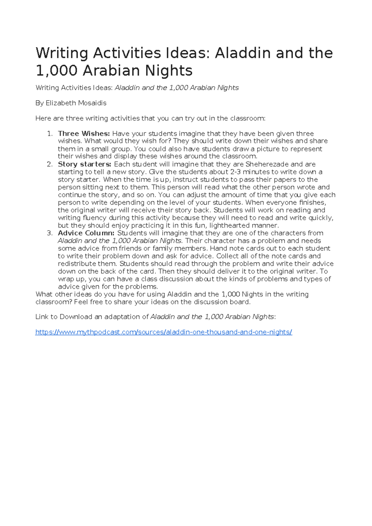 Writing Activities for Aladdin & the Arabian Nights: Creative Ideas ...