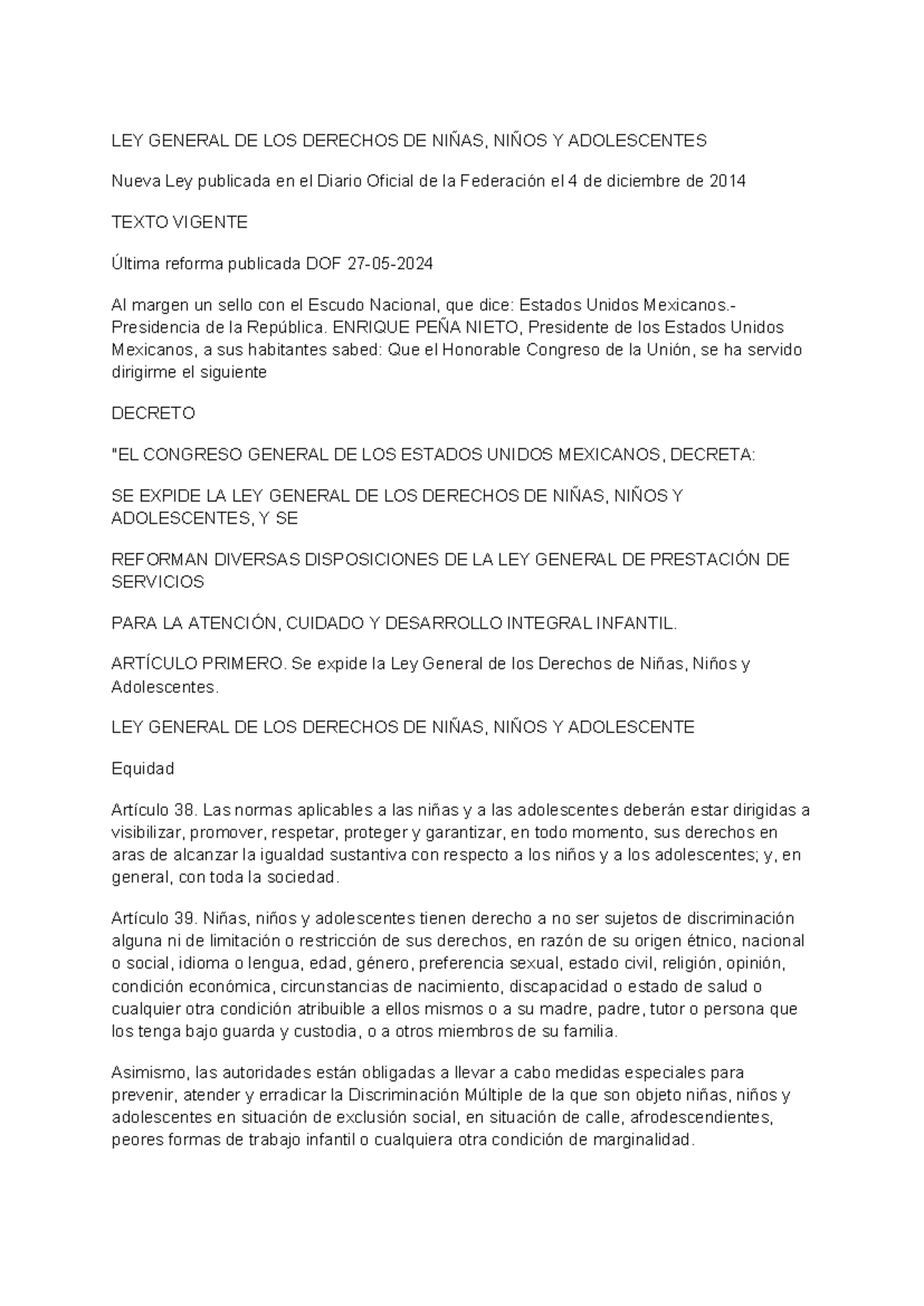 LEY GENERAL DE DERECHOS DE NIÑAS, NIÑOS Y ADOLESCENTES - TAREA - Studocu