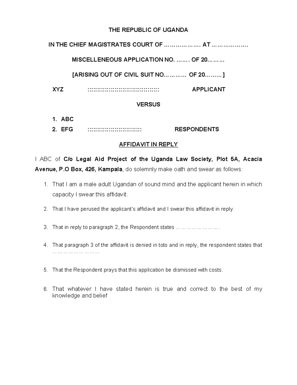 Affidavit in Reply - Miscellaneous Application No. [Year] - Uganda ...