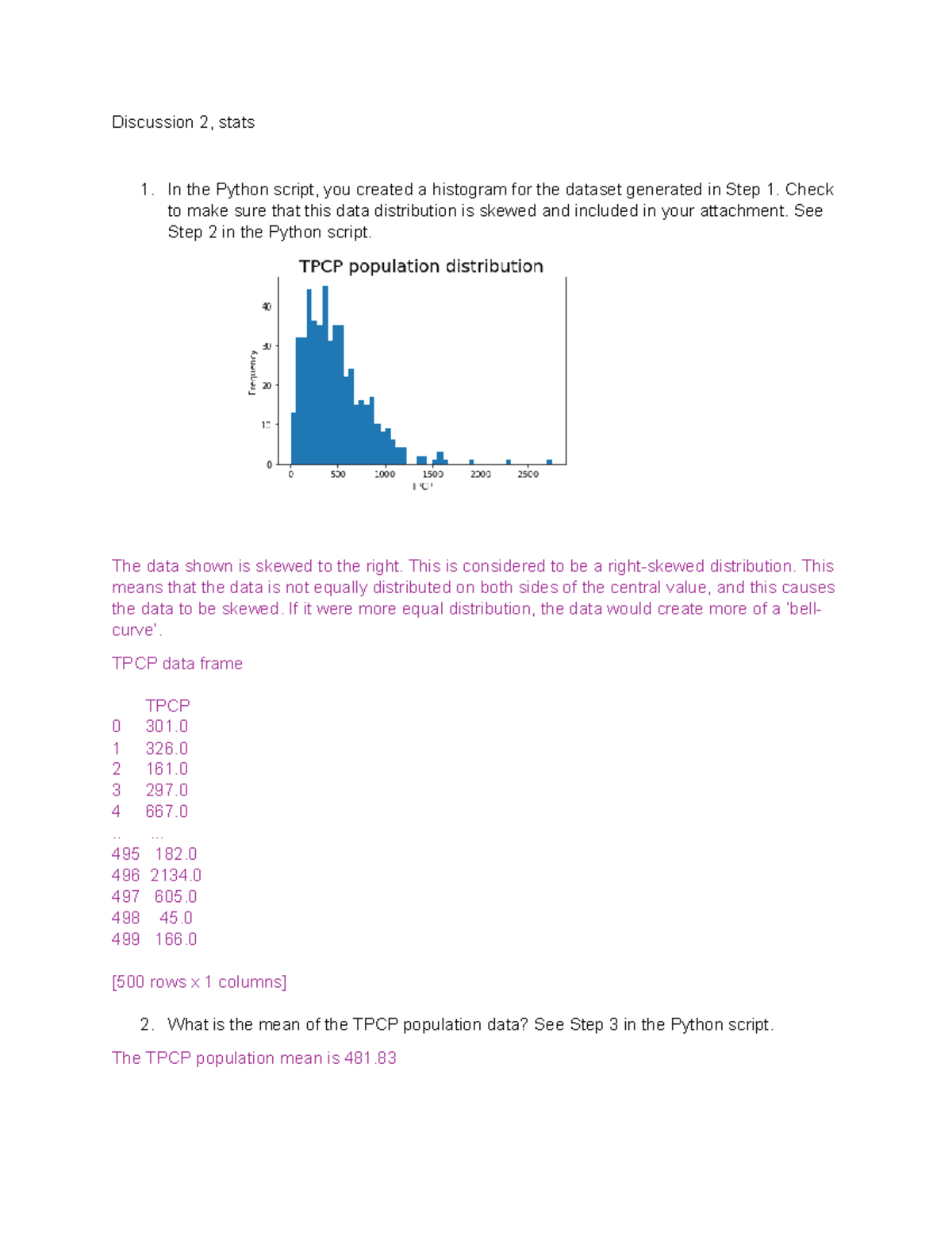 Discussion 2 - made a 100 - Discussion 2, stats 1. In the Python script, you created a histogram ...
