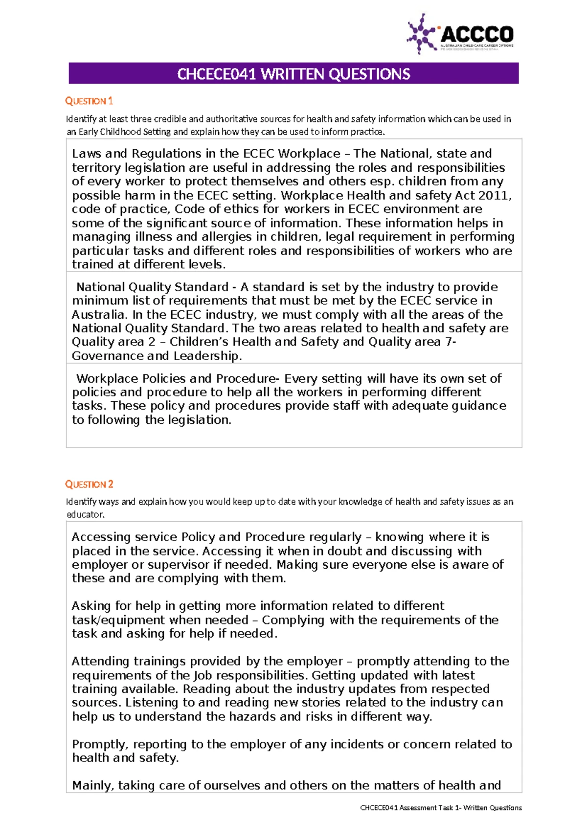 CHCECE041 Assessment Task 1: Health and Safety Written Questions - Studocu