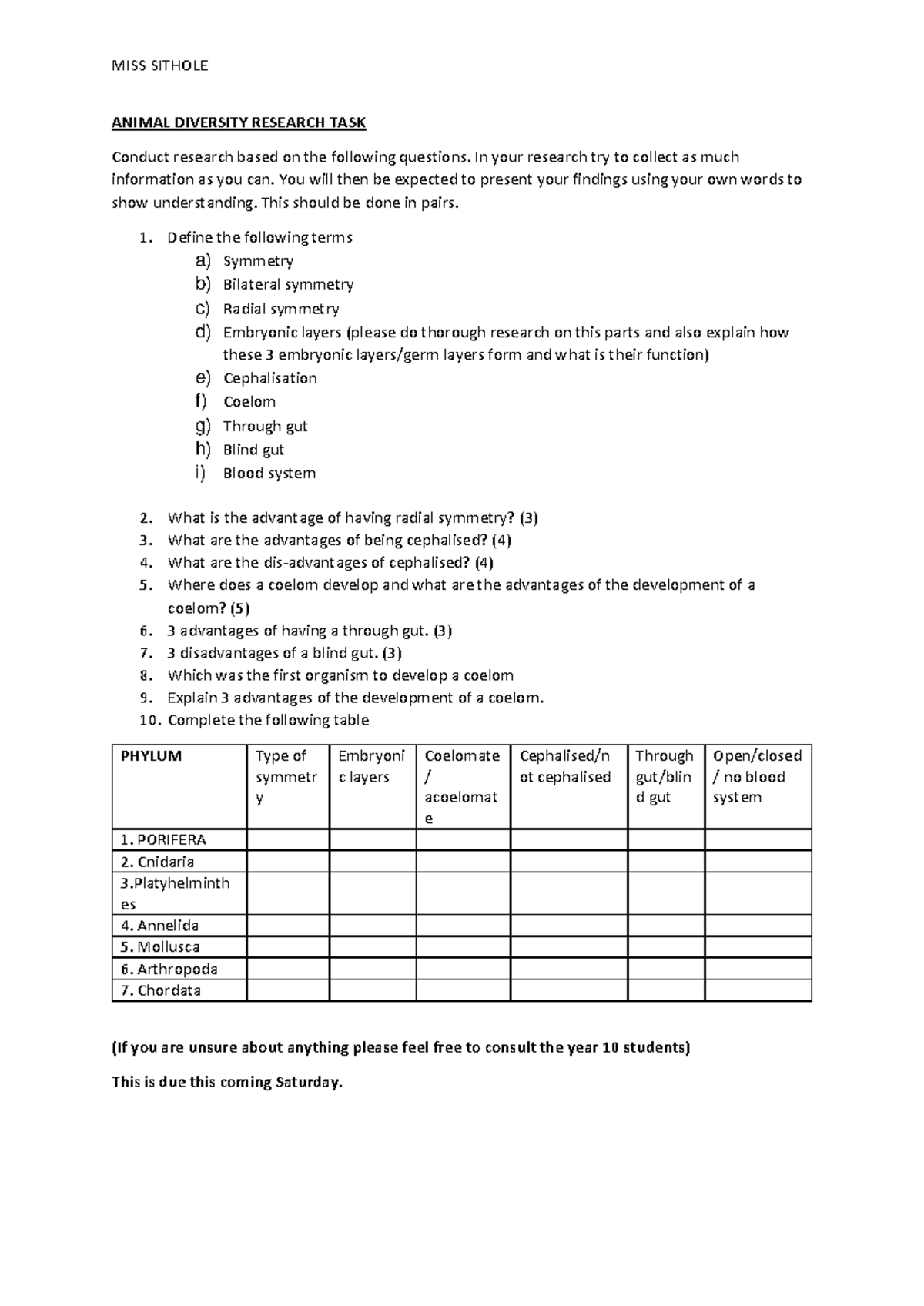 Animal Diversity Research TASK - MISS SITHOLE ANIMAL DIVERSITY RESEARCH ...