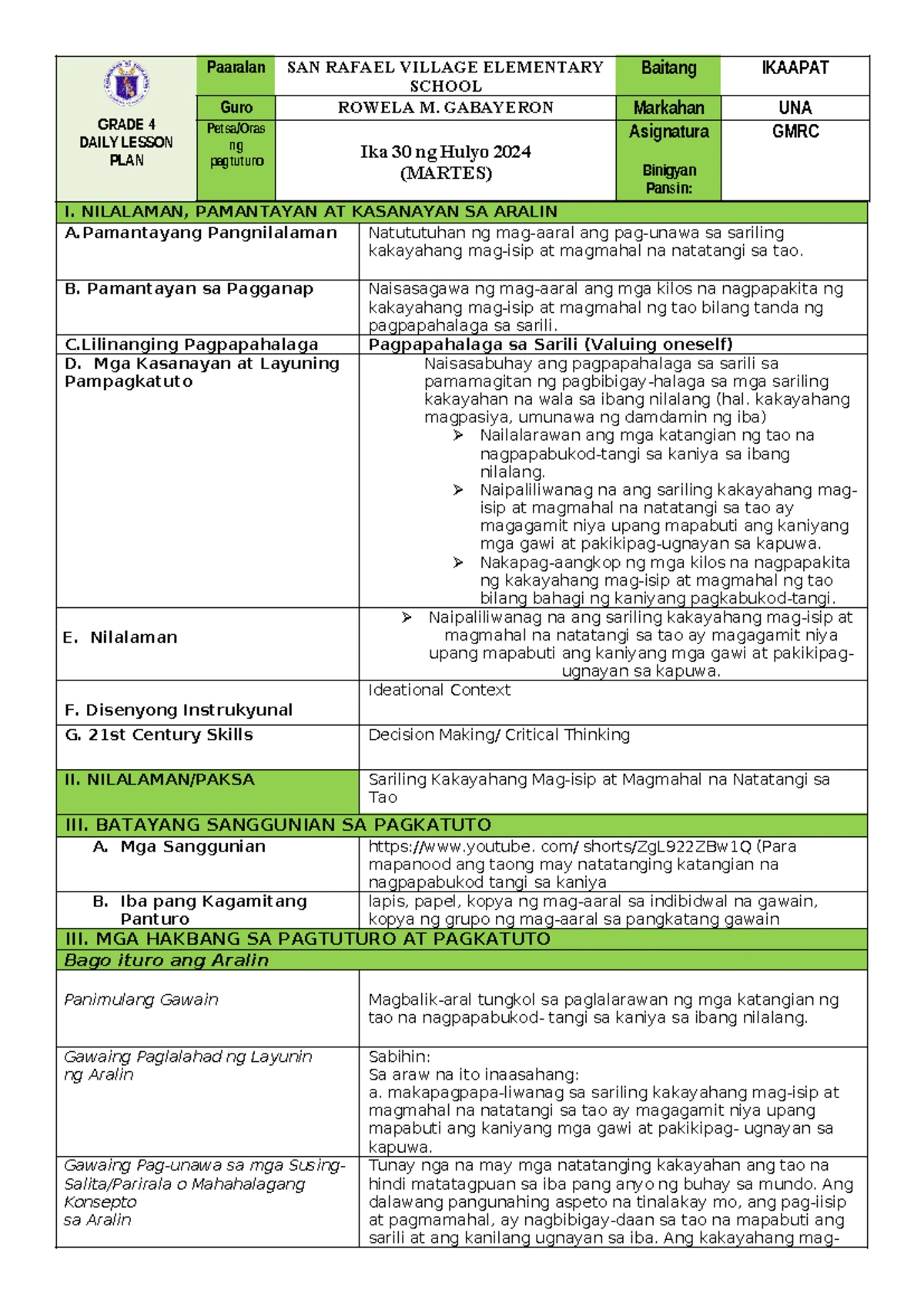 DLP-GMRC-DAY1 (ST) - LESSON PLAN FRO GRADE IV - GRADE 4 DAILY LESSON ...