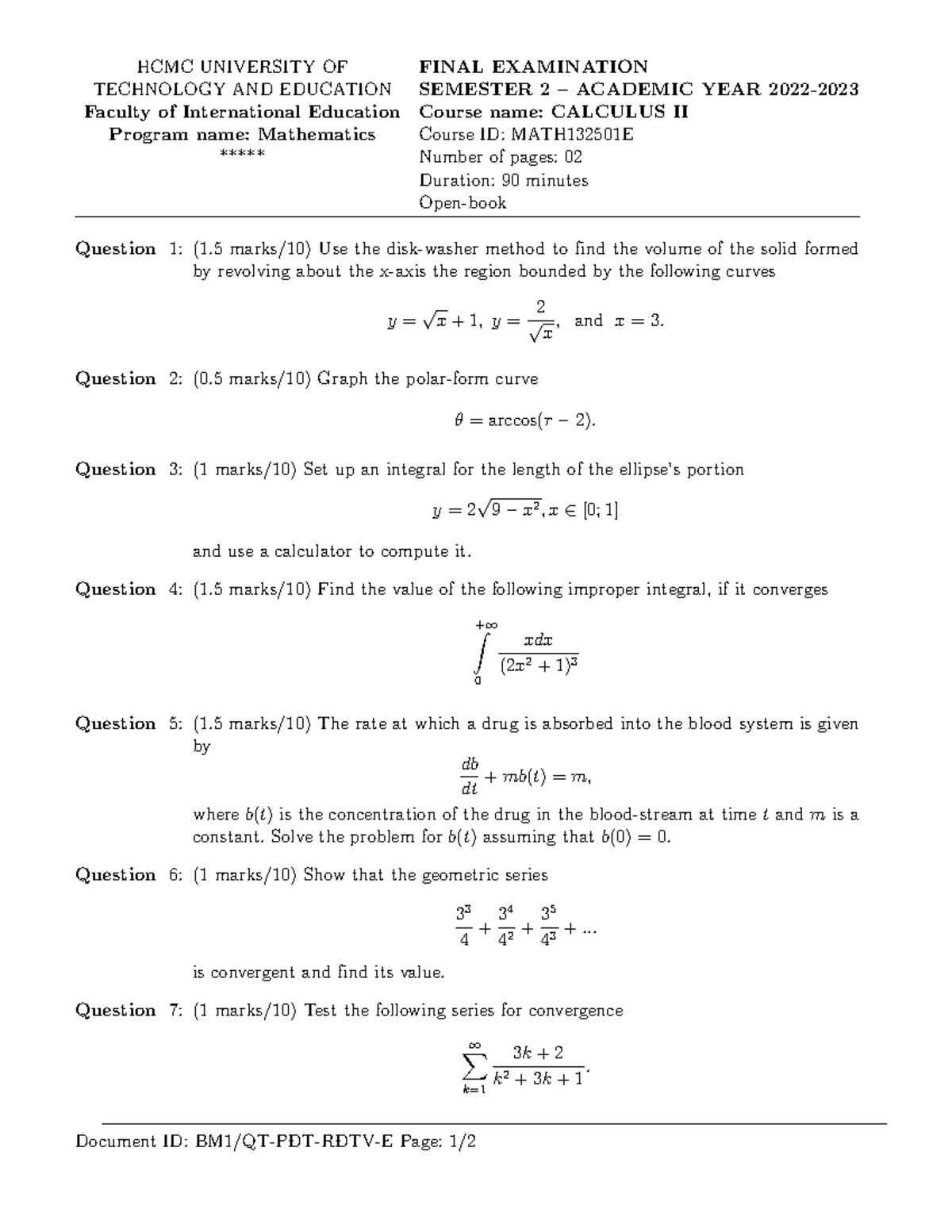 MATH132501E - Calculus II Final Exam Review Notes - Studocu