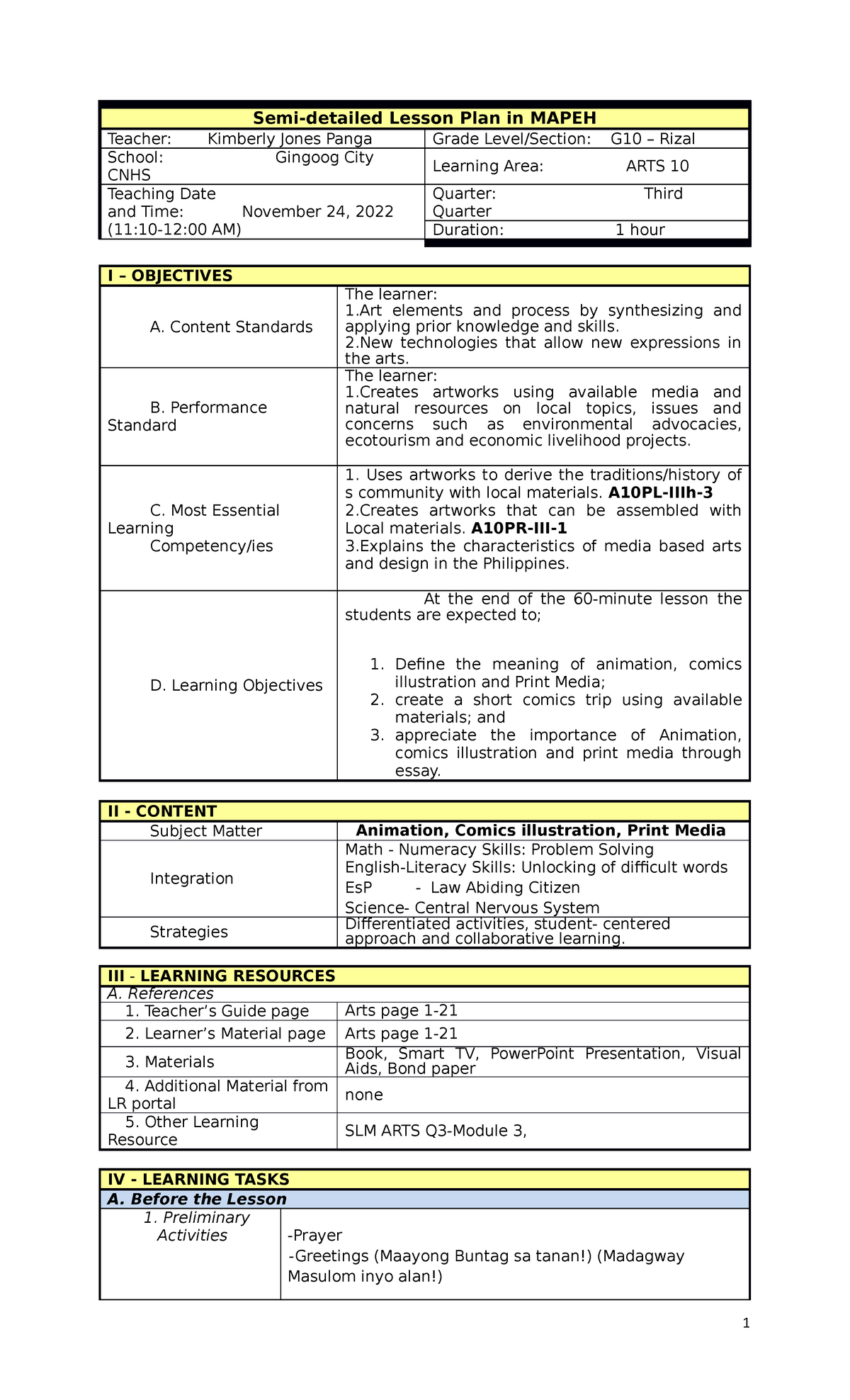 Semi-Detailed Lesson Plan in MAPEH for Grade 10 (G10) - Studocu
