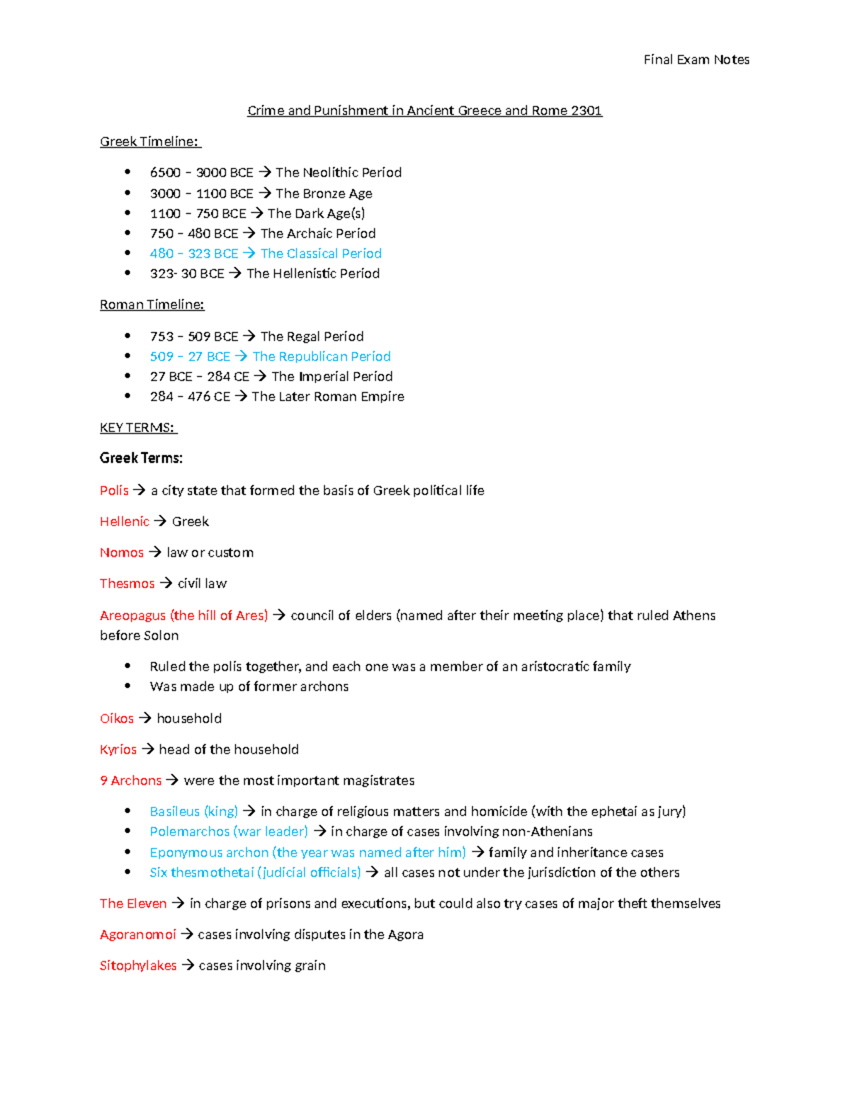Classics 2301 Final Exam Notes - Crime and Punishment in Ancient Greece ...