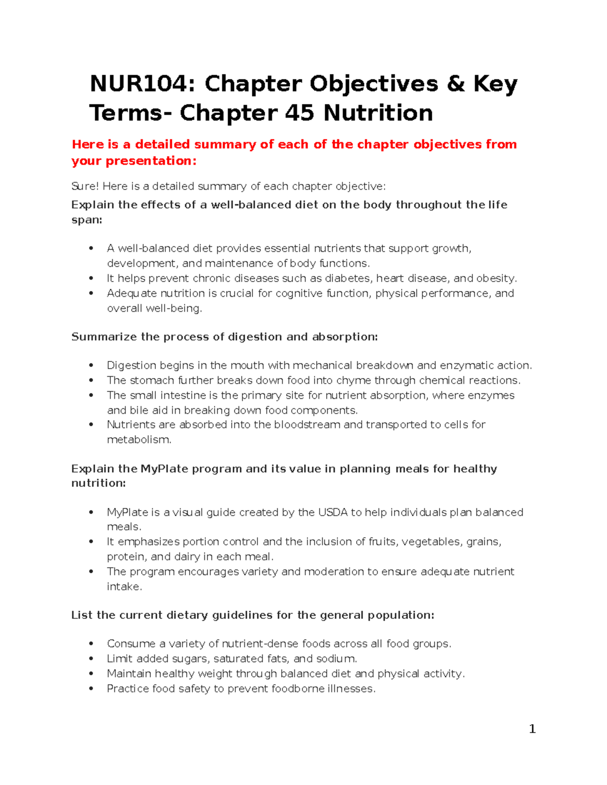 NUR104: Key Objectives & Terms for Nutrition Chapter 45 - Studocu