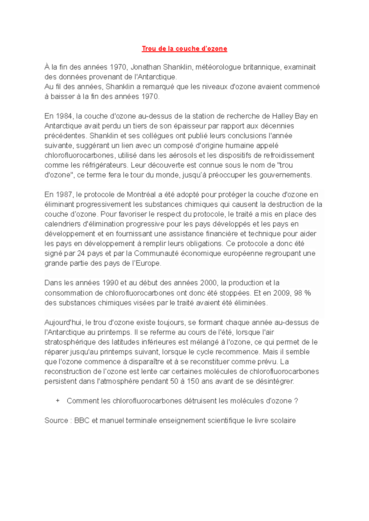 Trou de la couche d’ozone - Trou de la couche d’ozone À la fin des ...
