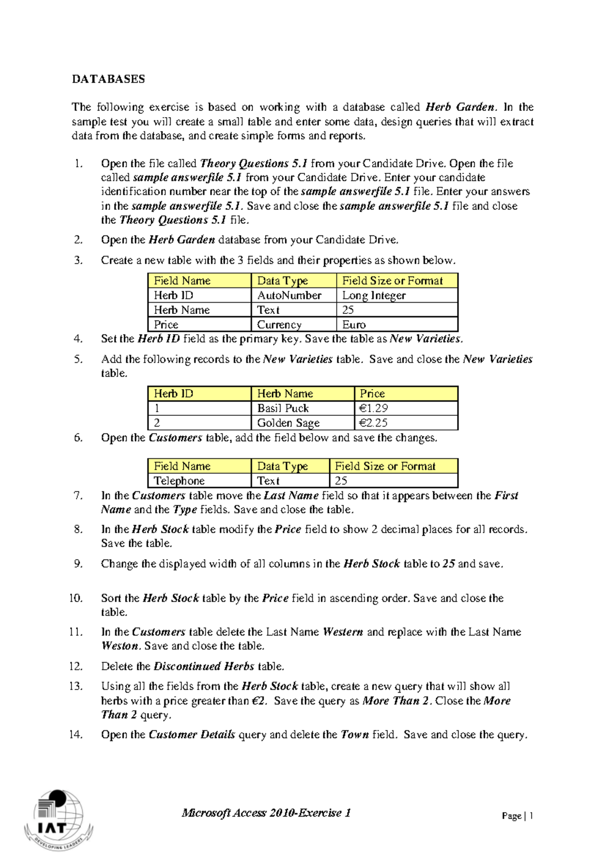 Access 2010 - Exercise 1: Herb Garden Database Management Task - Studocu