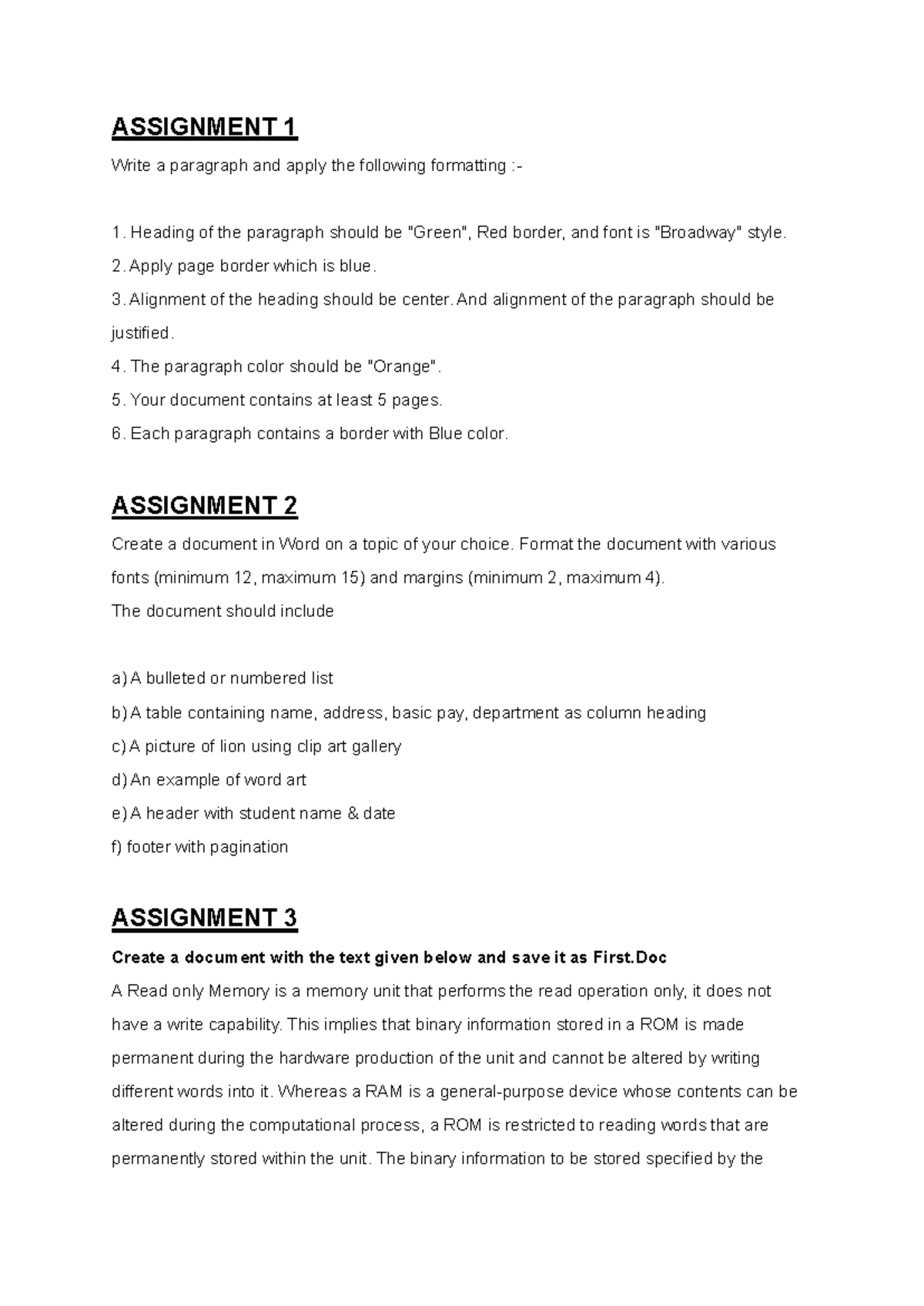 Assignment 1 - ASSIGNMENT 1 Write a paragraph and apply the following ...