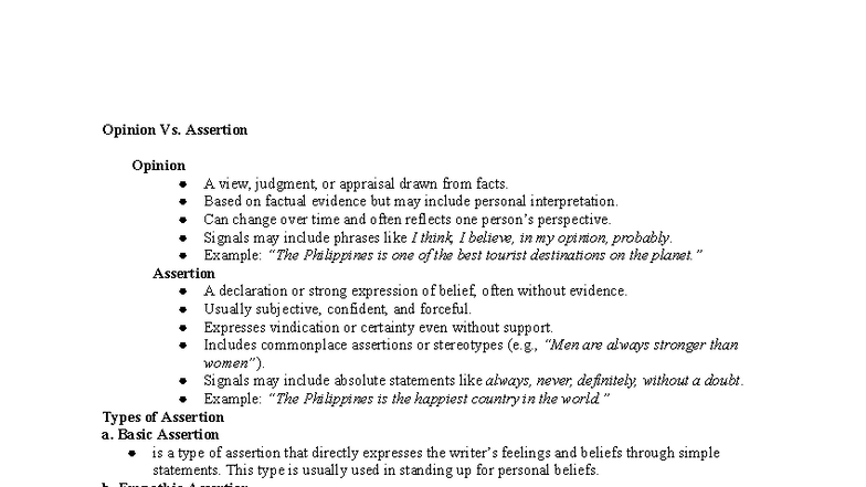 OPR 101: Understanding Opinion vs. Assertion in Writing - Studocu