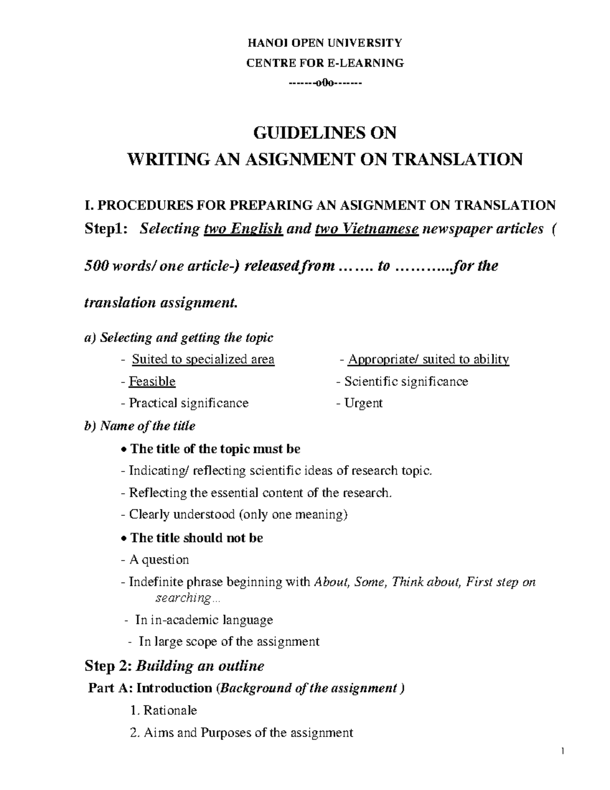 HANOI OPEN UNIVERSITY GUIDELINES FOR TRANSLATION ASSIGNMENT EN48 - Studocu