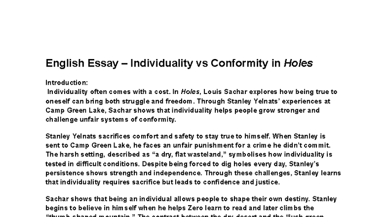 ENG 101 Essay: Individuality vs Conformity in Holes - Studocu
