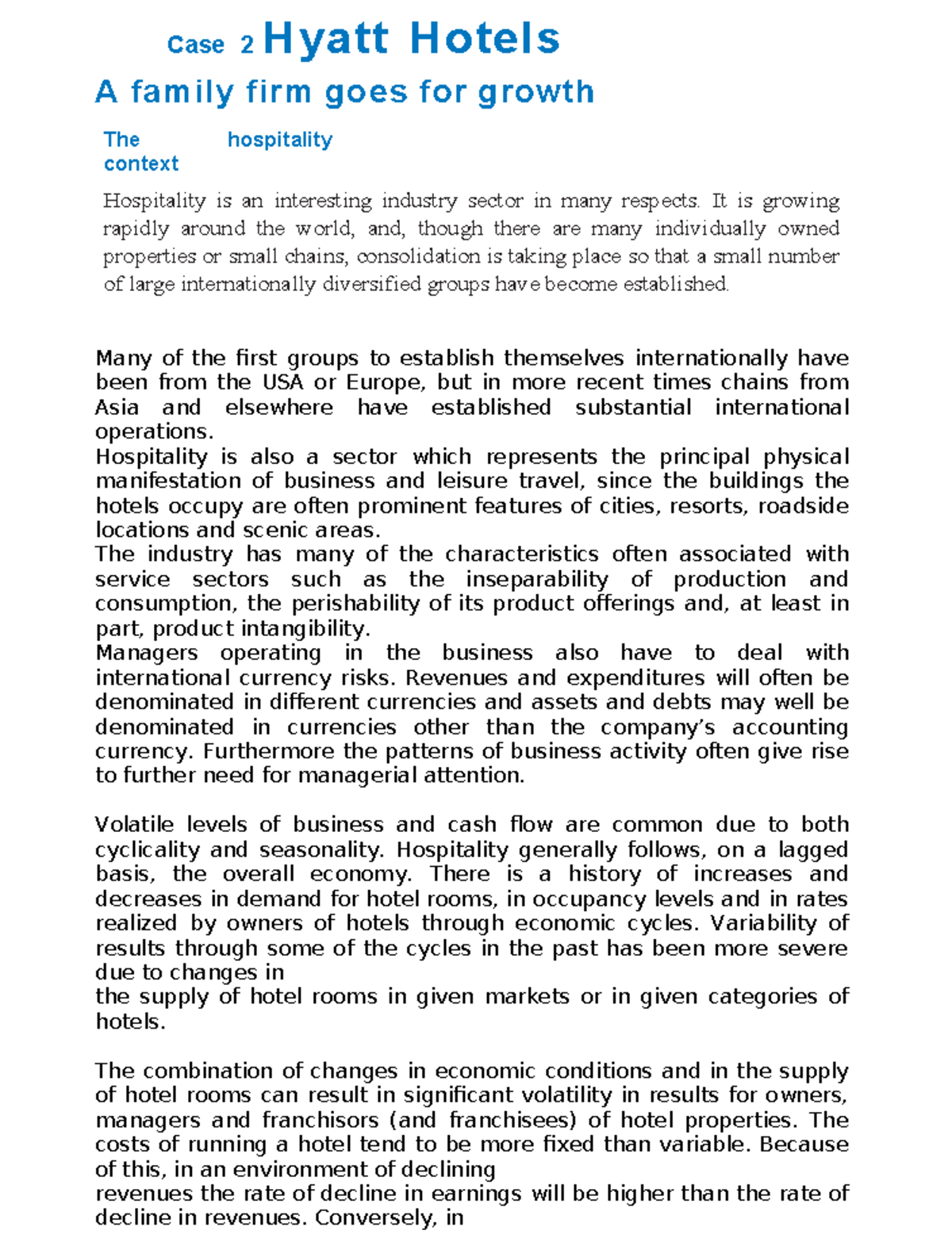 Case Study: Growth Strategies in Hospitality - Case 2 Hyatt Hotels ...