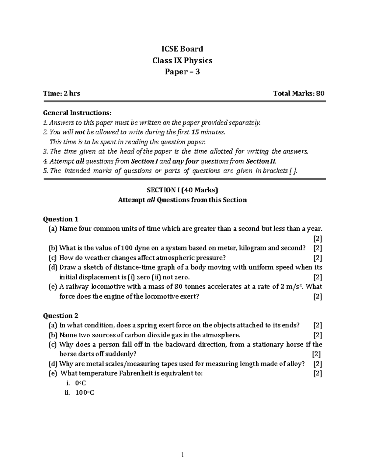 ICSE Class IX Physics Sample Paper 8 - Comprehensive Exam Guide - Studocu