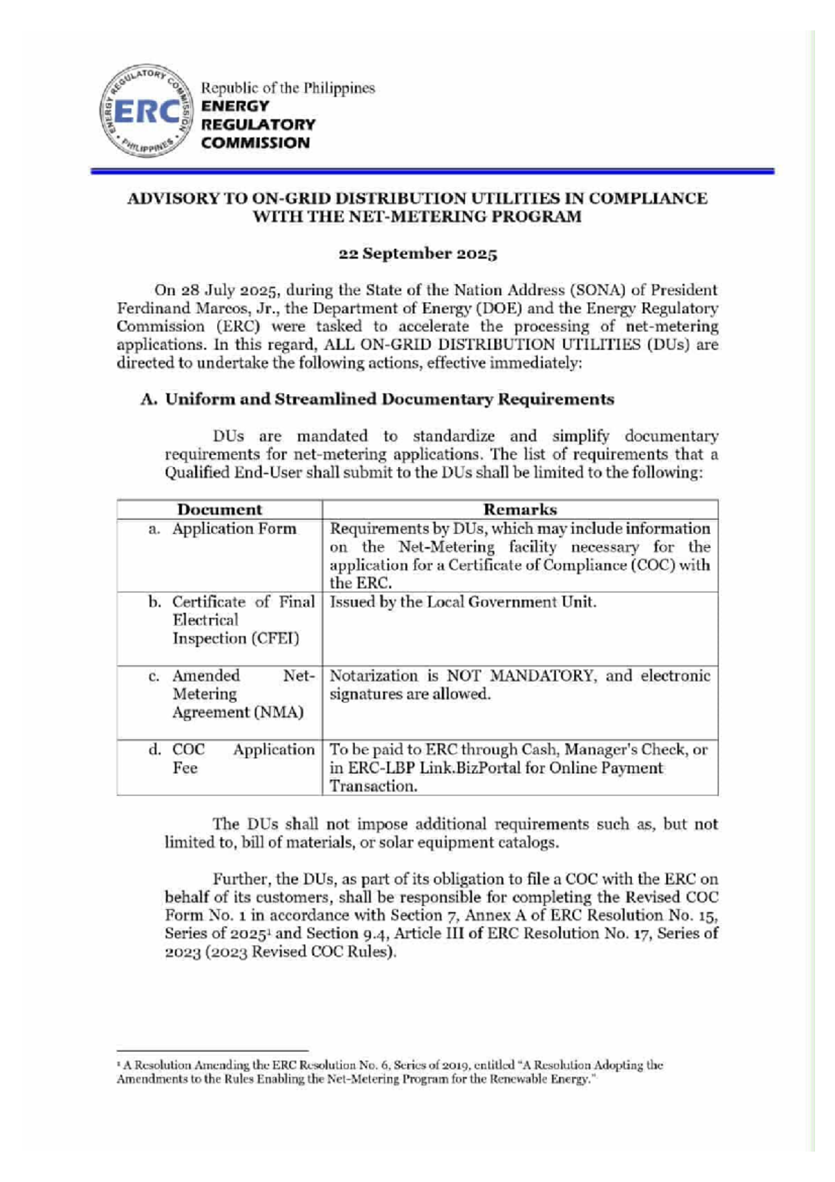 ERC Advisory: Compliance Guidelines for Distribution Utilities on Net ...