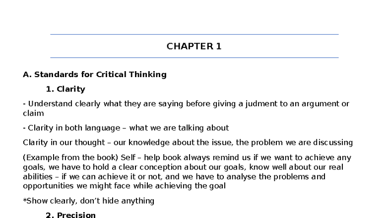 Midterm Revision: Standards for Critical Thinking (CHAPTER 1) - Studocu