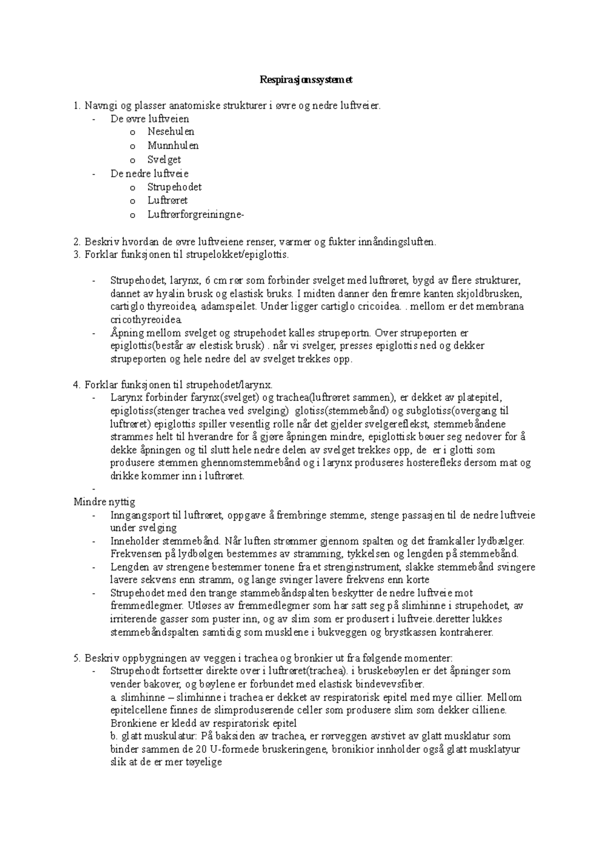 Respirasjonssystemet: Anatomiske og fysiologiske detaljer - Studocu