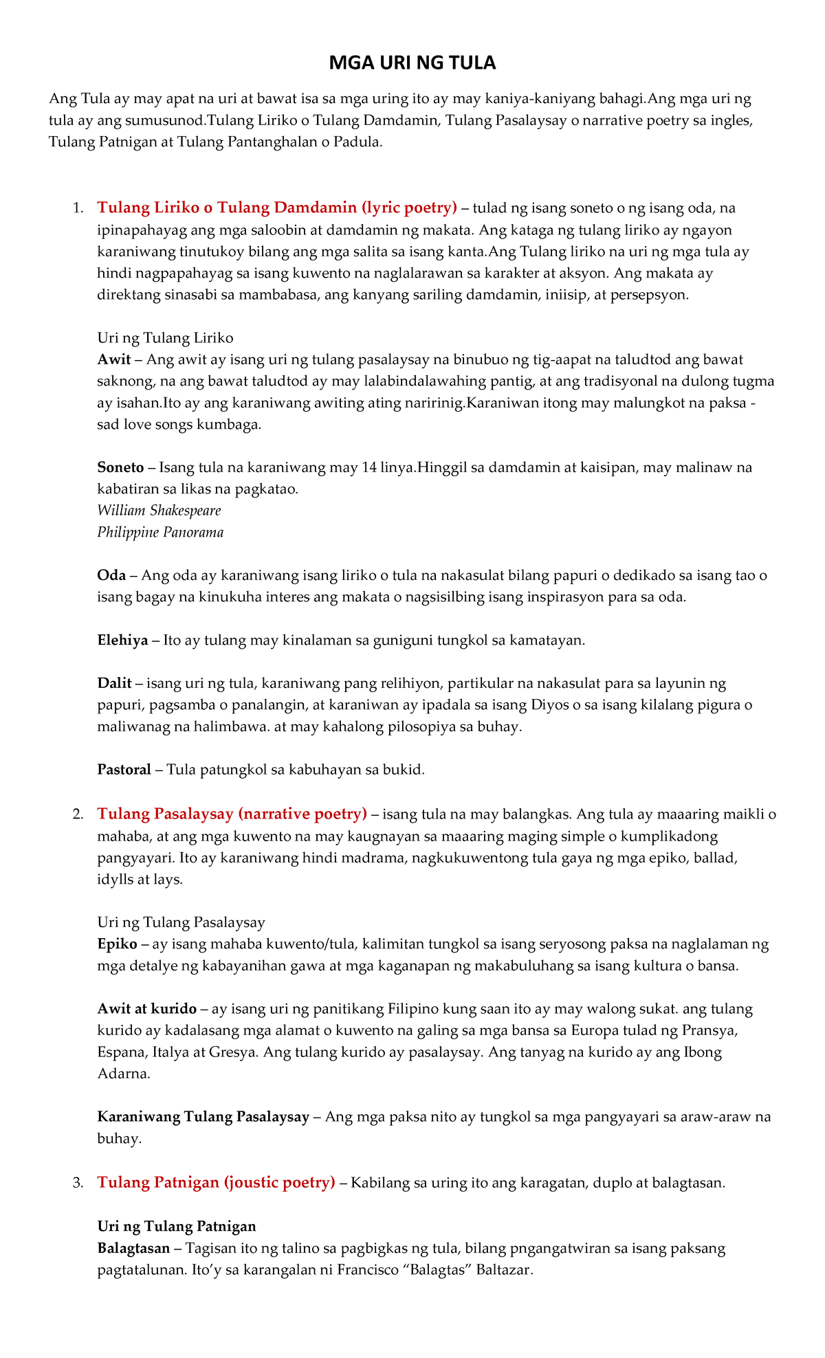 MGA URI NG TULA - Pag-aaral sa Iba't Ibang Uri at Halimbawa ng Tula - Studocu