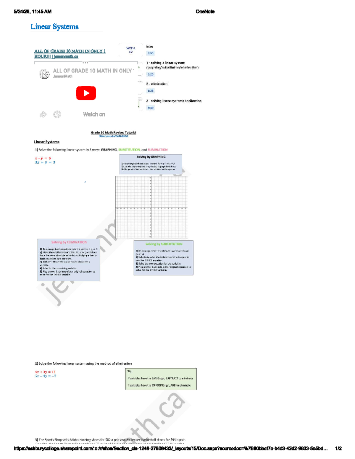 Grade 10 Math Review: Linear Systems Techniques and Solutions - Studocu