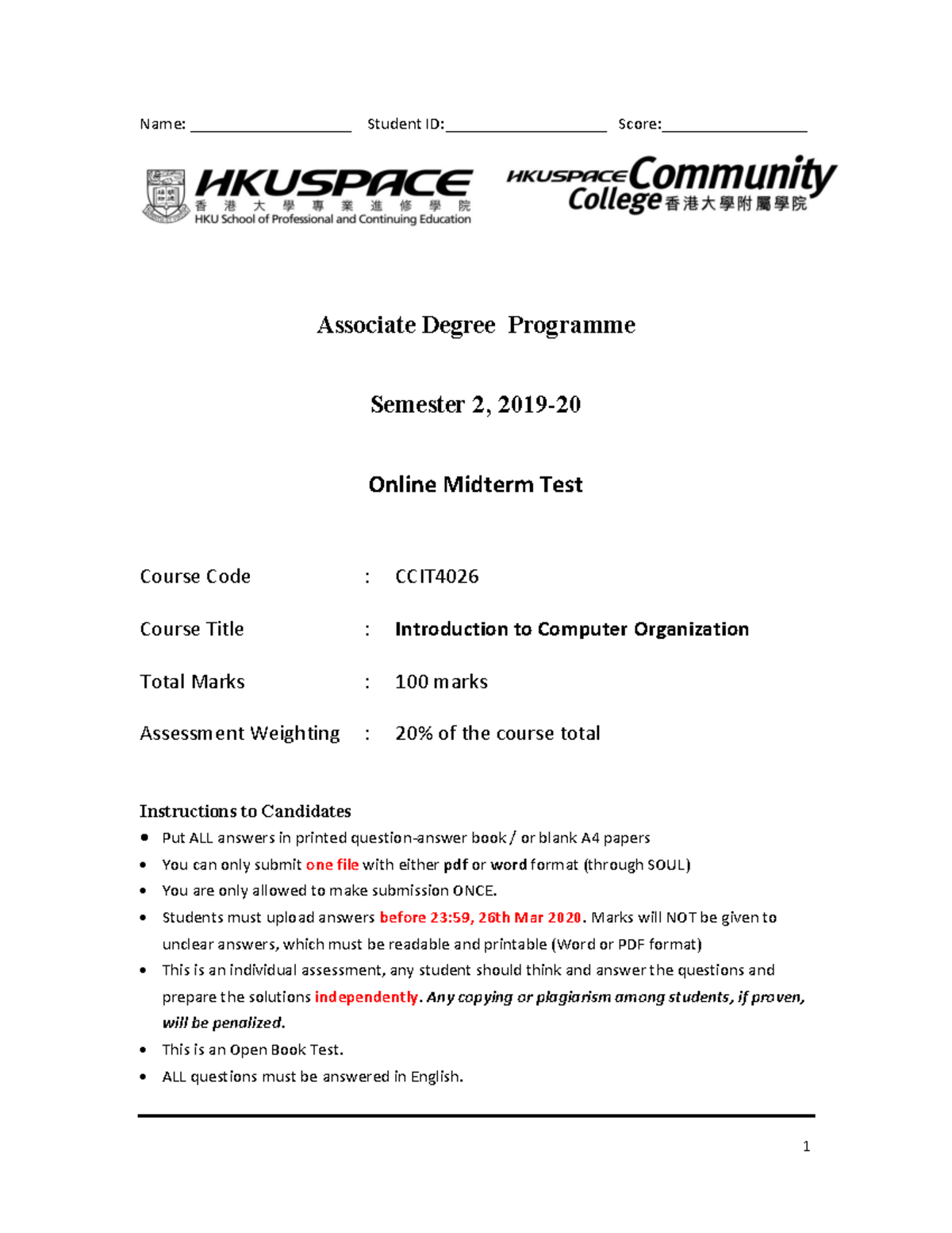 Online Midterm Test Solutions - CCIT: Computer Organization 2019-20 ...