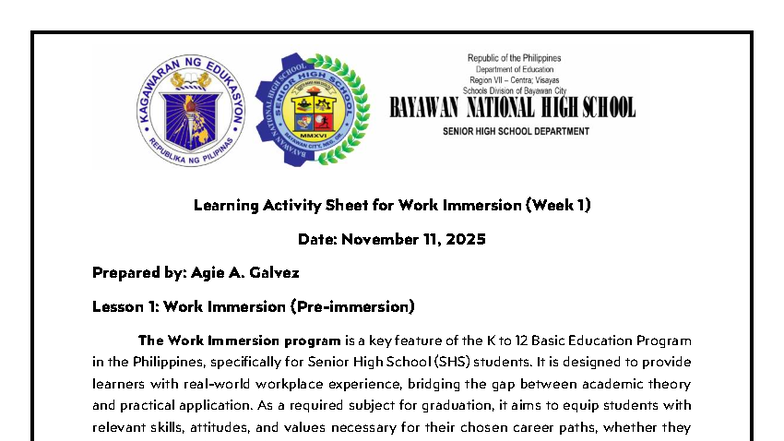 LAS 1: Work Immersion Learning Activity Sheet (Week 1) - Studocu