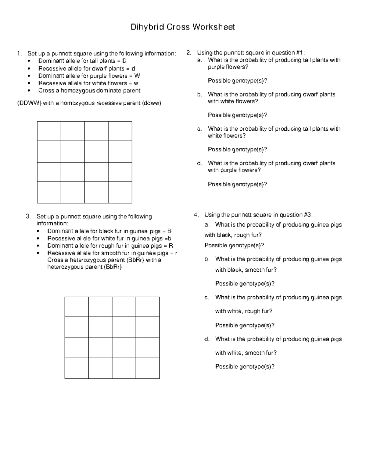 Dihybrid Cross Worksheet 2: Punnett Square Analysis - Studocu