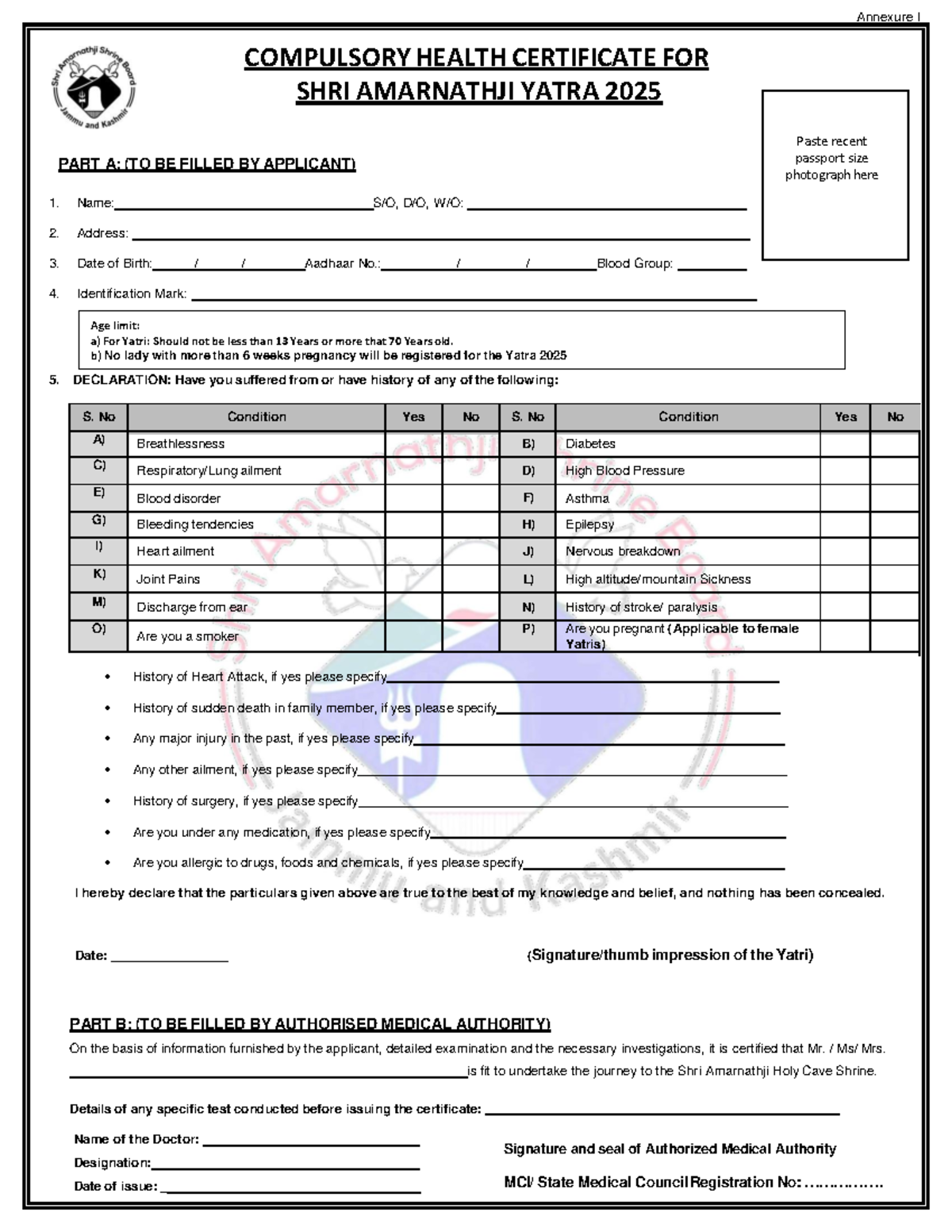 Compulsory Health Certificate for Shri Amarnathji Yatra 2025 - Studocu