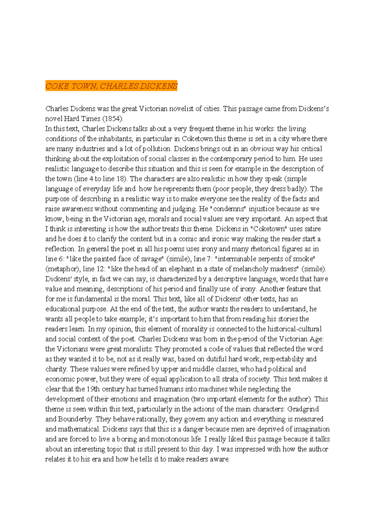 Coketown: An Analysis of Social Critique in Dickens' Hard Times - Studocu