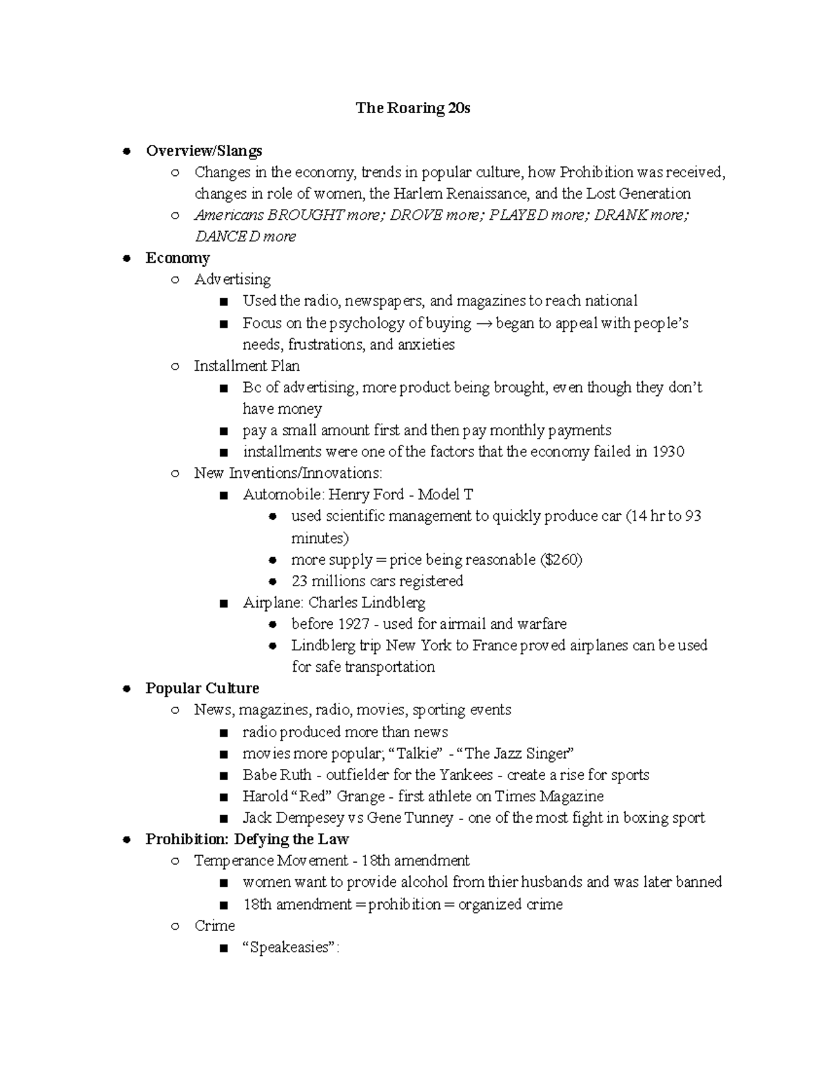 HIS 1053 - Lecture Notes - The Roaring 20s Overview and Key Events ...