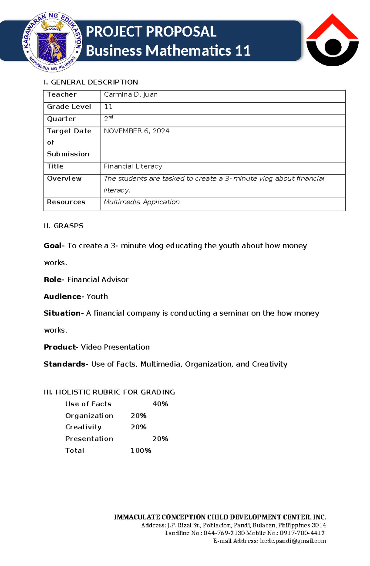 Business Mathematics 11: 2nd Quarter Project Proposal on Financial ...