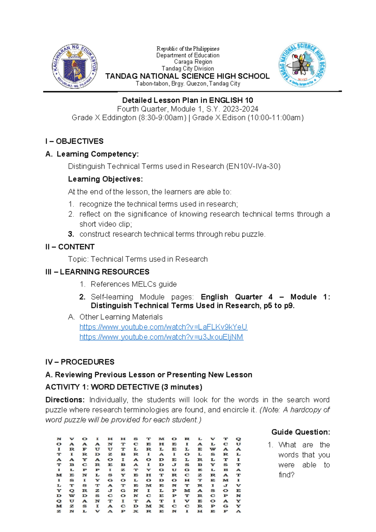 Distinguishing Research Terms: EN10 Lesson Plan for Grade X - Studocu