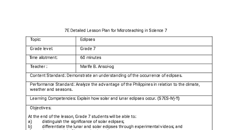 Revised 7E Detailed Lesson Plan for Microteaching in Scied 61 - 7 - Studocu