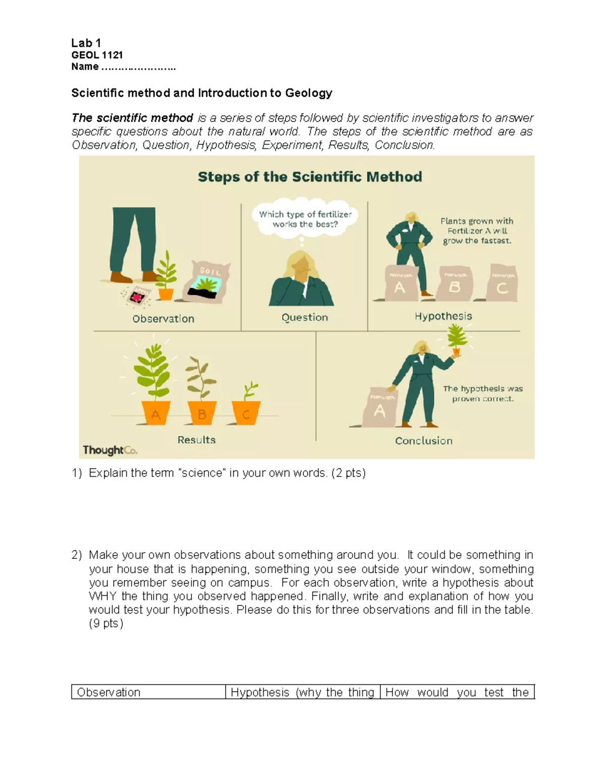 Lab 1 GEOL 1121: Scientific Method & Intro to Geology Assignment - Studocu