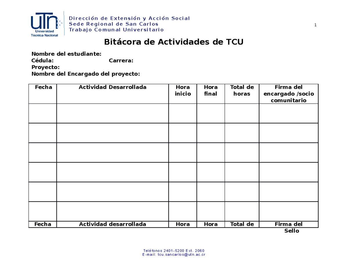 Bitácora de Actividades - estudiante - 1 Bitácora de Actividades de TCU ...