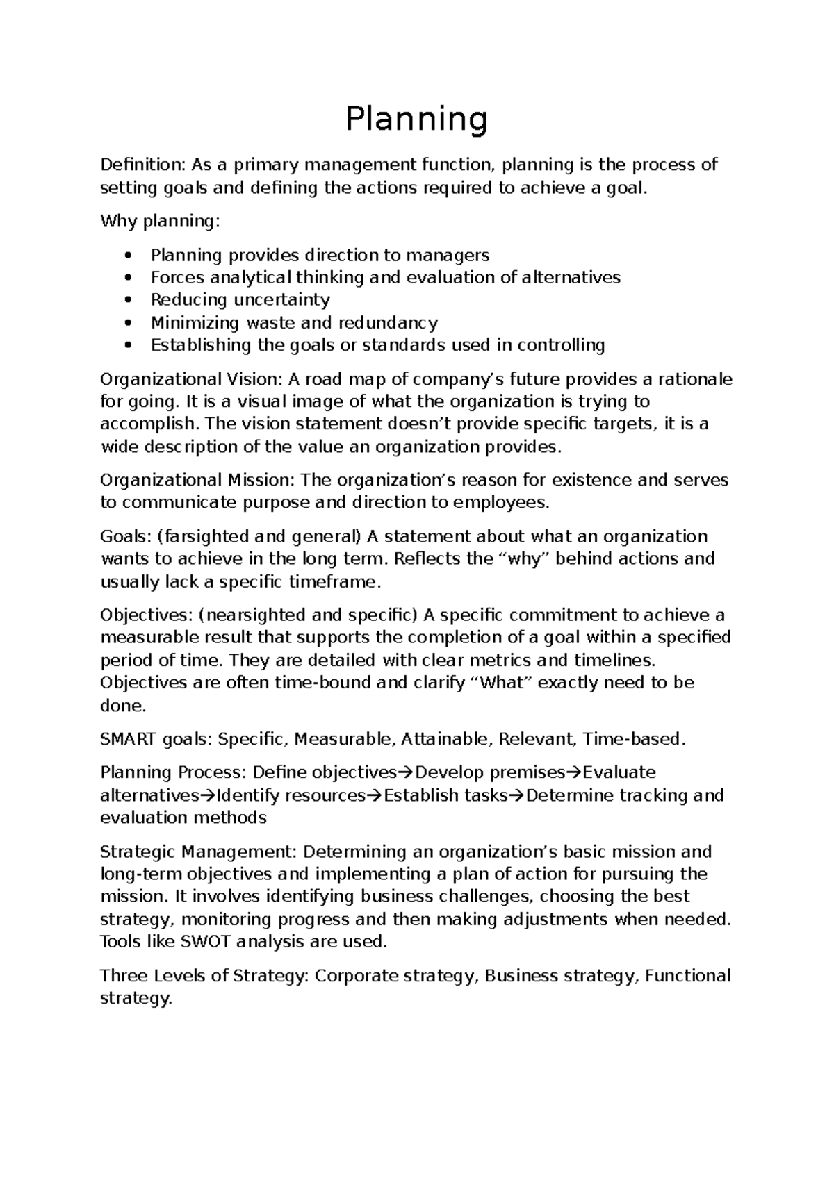 Chap 5 Managemnt - Summary Principles of management - Planning ...