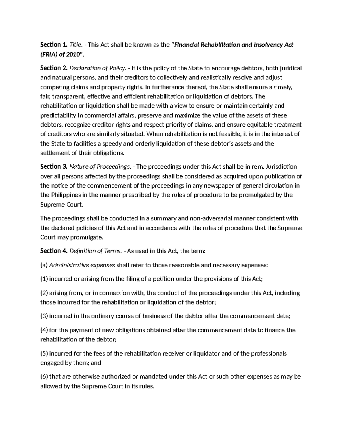 FRIA - Rehabilitation and Insolvency Act: Sections 1-7 Overview - Studocu
