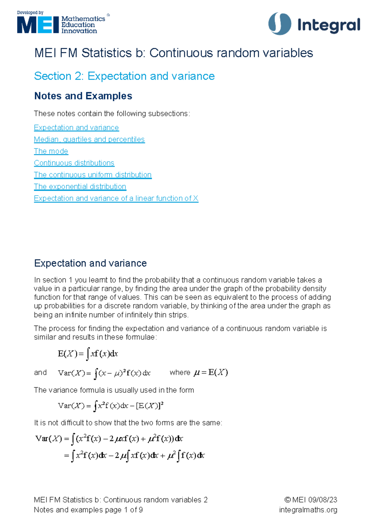 MEI FM Statistics B: Continuous Random Variables - Expectation ...