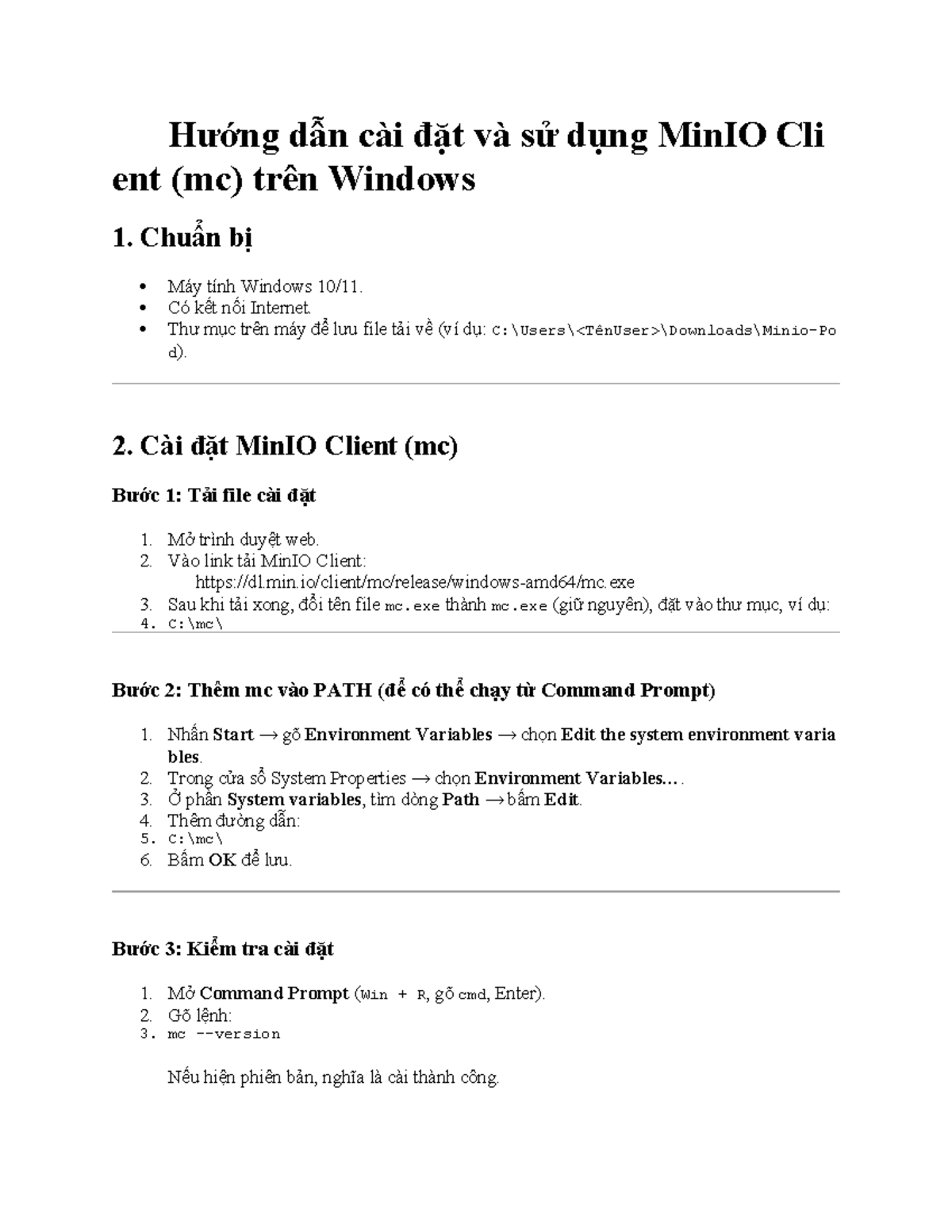 Hướng dẫn cài đặt và sử dụng MinIO Client (mc) trên Windows - Studocu